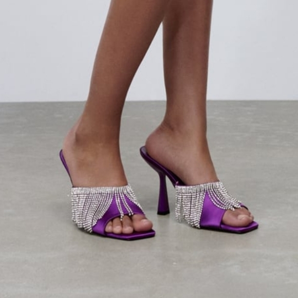 Zara | Shoes | Salenew Zara Satin Sparly Swarovski Heeled Mule Sandals ...